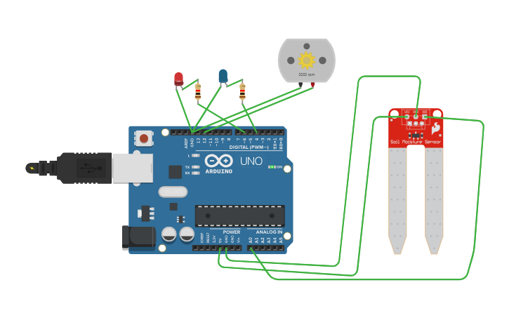 Circuit design Soil Moisture sensor with led - Tinkercad