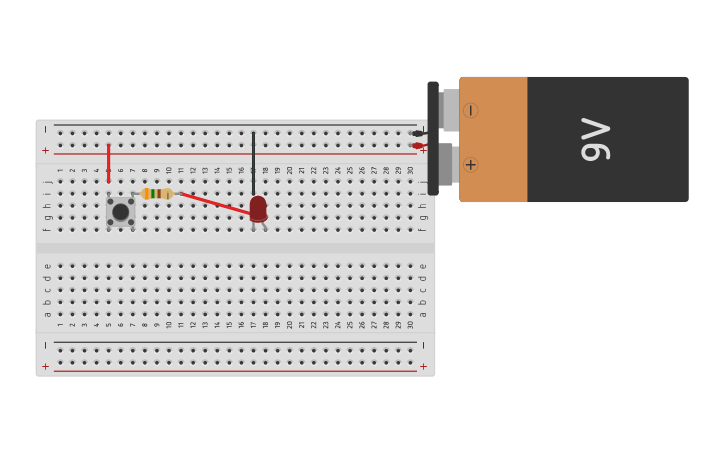Circuit design Glowing LED using switch on breadboard. - Tinkercad Circuit design Glowing LED using switch on breadboard. - Tinkercad