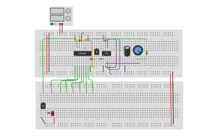 Circuit design Shift register with 555 timer - Tinkercad