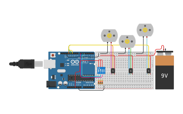 Circuit design Controllo di 3 motori con transistor BJT e DIP Switch ...