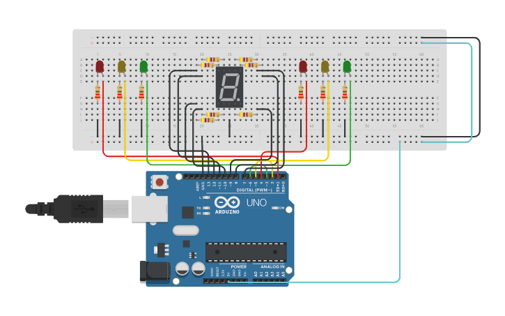 Circuit design Semaforo con display a sette segmenti - Tinkercad