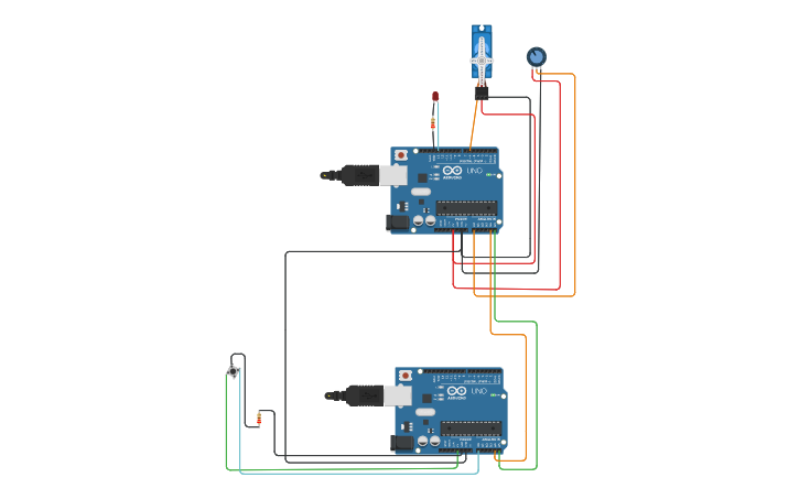Circuit design Communication 2 Arduino with Potentio and Servo - Tinkercad