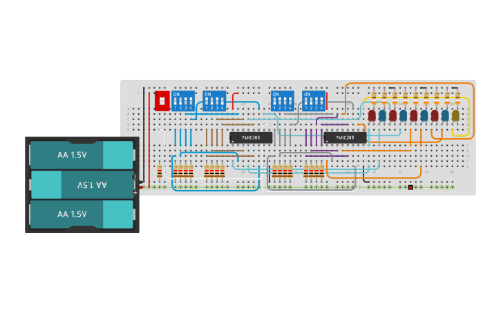 Circuit design 2.3.2 8-bit Full Adder by 74HC283 - Tinkercad