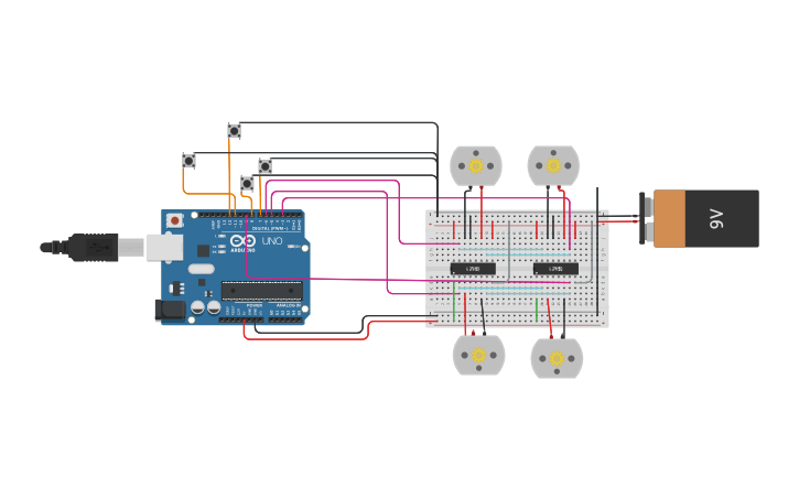 Circuit design 4WD Car with 2 H-bridge and arduino - Tinkercad