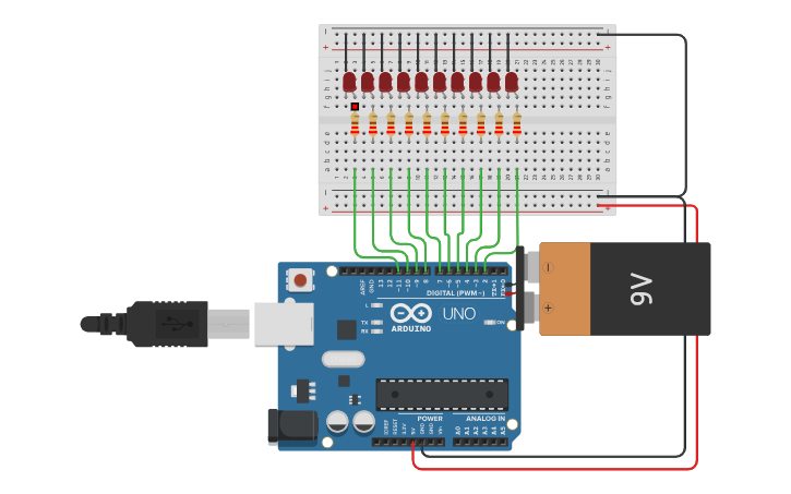 Circuit design 10 led blinking with arduino - Tinkercad
