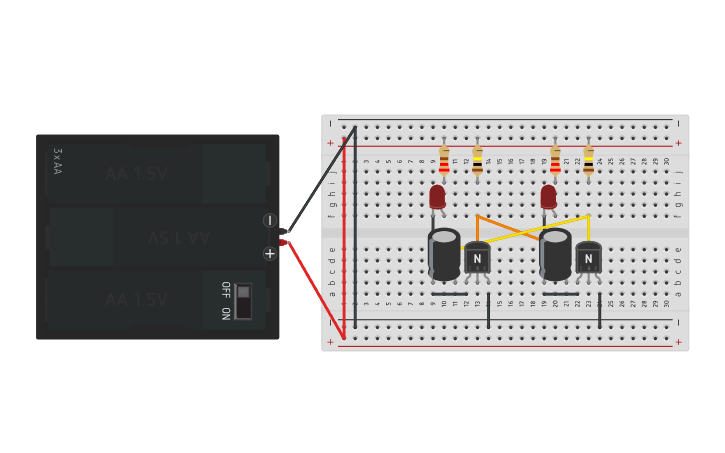 Circuit design NPN Transistor and Capacitor LED flash - Tinkercad