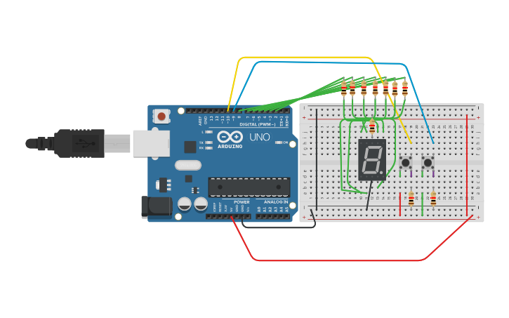 Circuit design Copy of Arduino 7 segments Increment/Decrement - Tinkercad