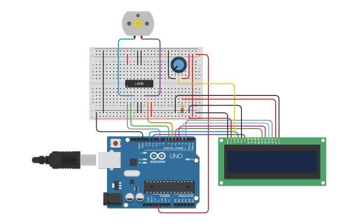 Circuit design DC Motor and LCD - Tinkercad