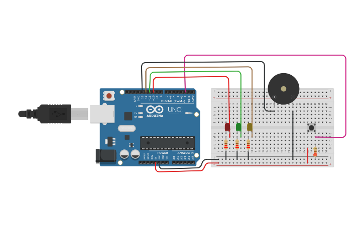 Circuit design Button controlled LED and buzzer - Tinkercad