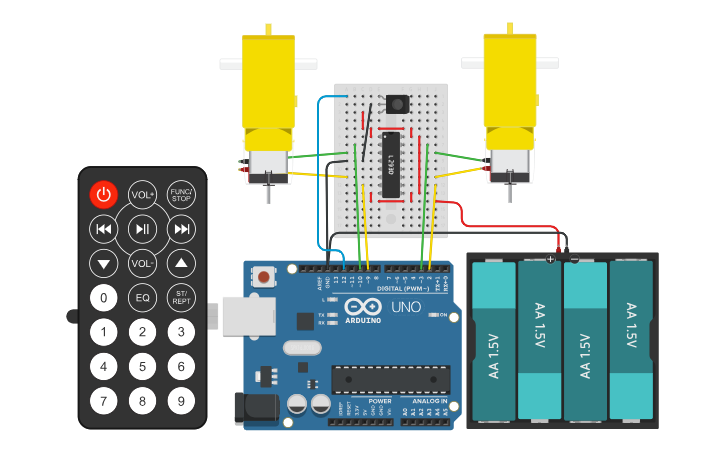 Circuit design IR Wireless Robot Car [block code] - Tinkercad