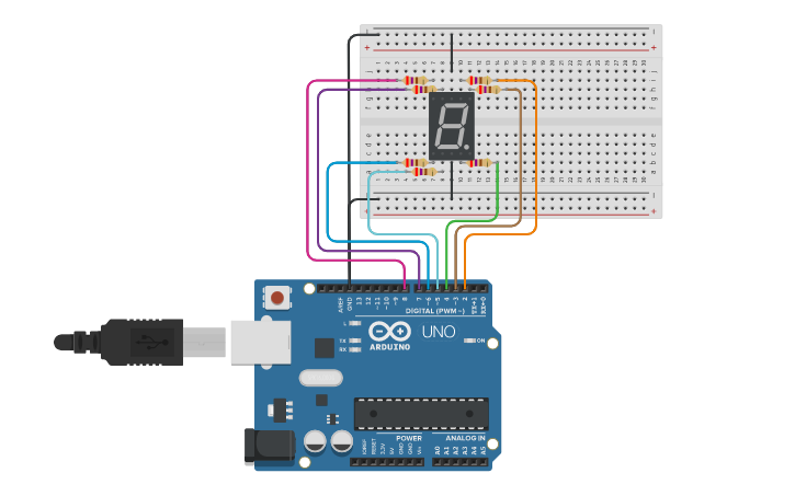Circuit design 0 a 9 - Display 7 segmentos sequencia - Tinkercad