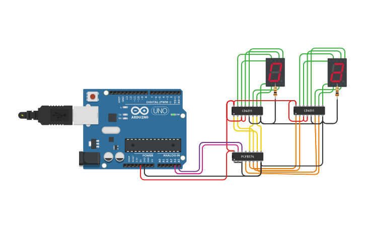 Circuit design Arduino with pcf8574 I2C expander - Tinkercad