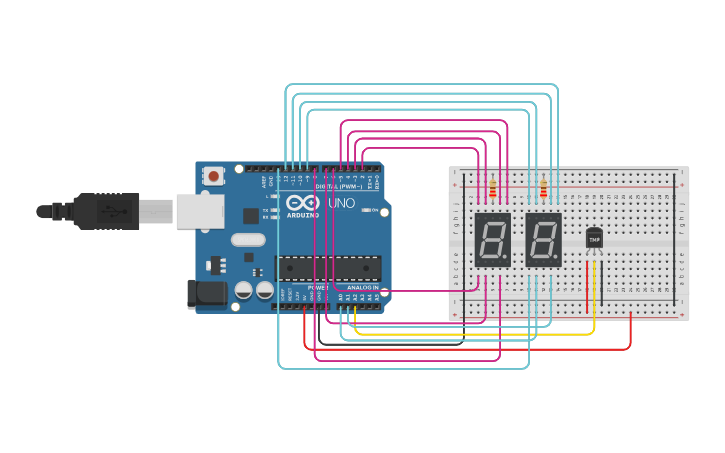 Circuit design Temperatura con doppio display 7 segmenti - Tinkercad