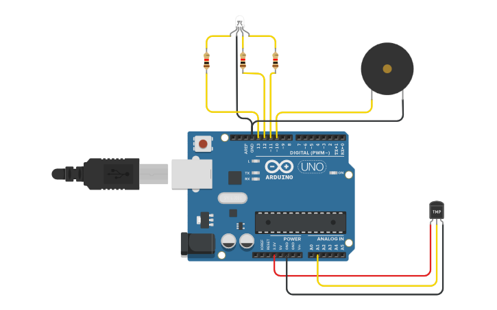 Circuit design Arduino dengan Sensor Suhu TMP36 Simulation - Tinkercad