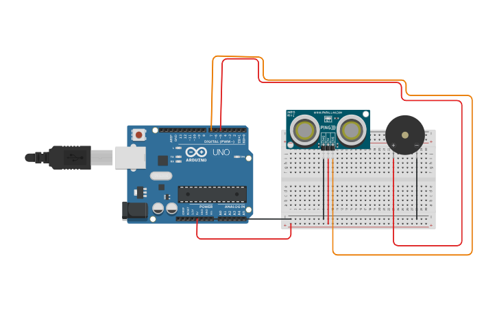 Circuit design Ultrasonic sensor with buzzer - Tinkercad