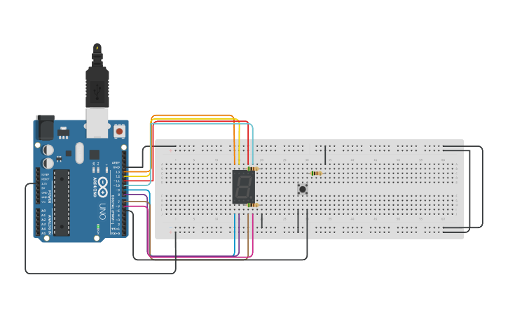 Circuit design Oppen Seven Segment w/ Push Button - Tinkercad