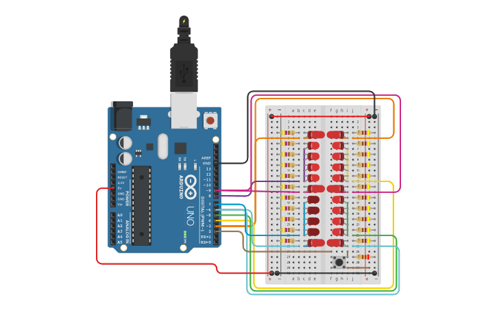 Circuit design Ejercicio 2: Display para mostrar 2 números con pulsador - Tinkercad