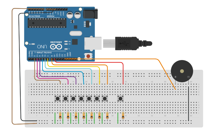 Circuit design 8-Button Buzzer Tone Generator - Tinkercad