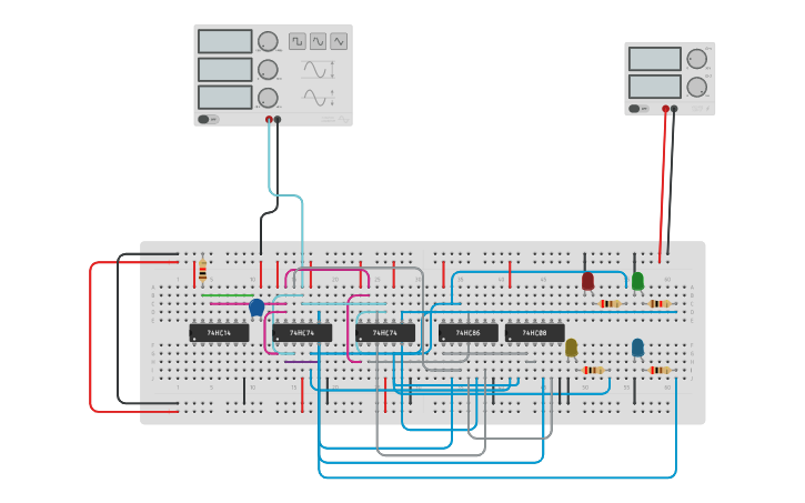 Circuit design 4 bit counter D flip flops - Tinkercad