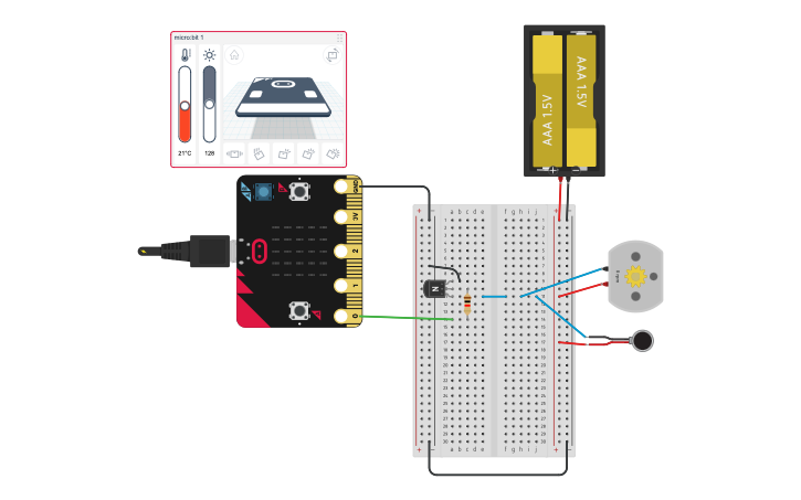 Circuit design microbit controls Vibration Motor with NPN transistor - Tinkercad