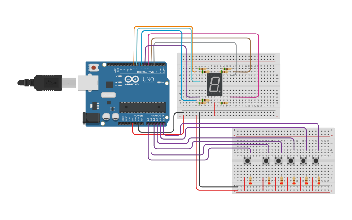 Circuit design 7 Segment with Push Button - Tinkercad