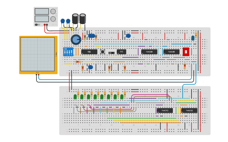 Circuit design 8-bit binary counter with 555 clock - Tinkercad