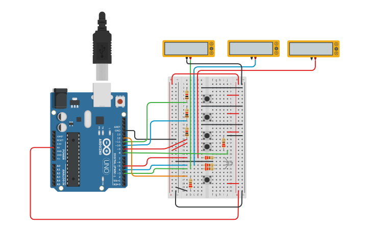 Circuit design RGB Led with 3 Buttons - Tinkercad