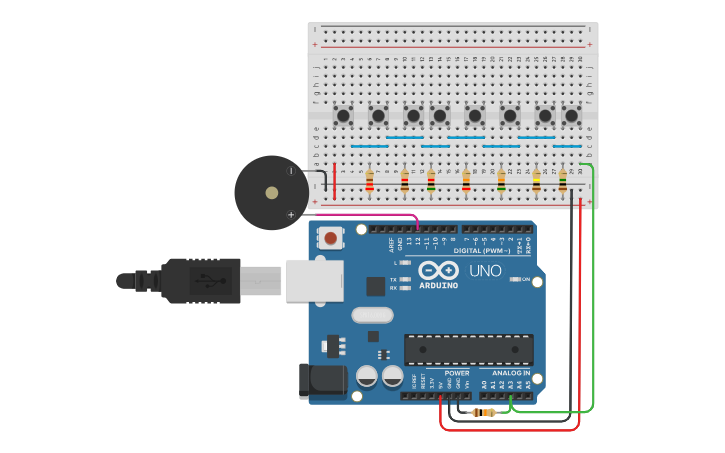 Circuit design 8-key piano [block code] - Tinkercad