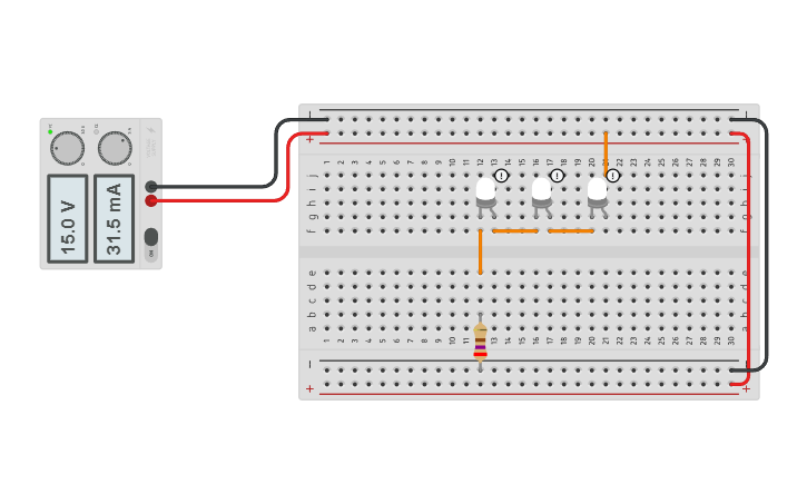 Circuit design Tres leds en serie - Tinkercad