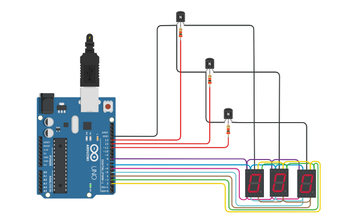 Circuit design contador 0 a 999 display de 7 segmentos - 3 dígitos benson - Tinkercad