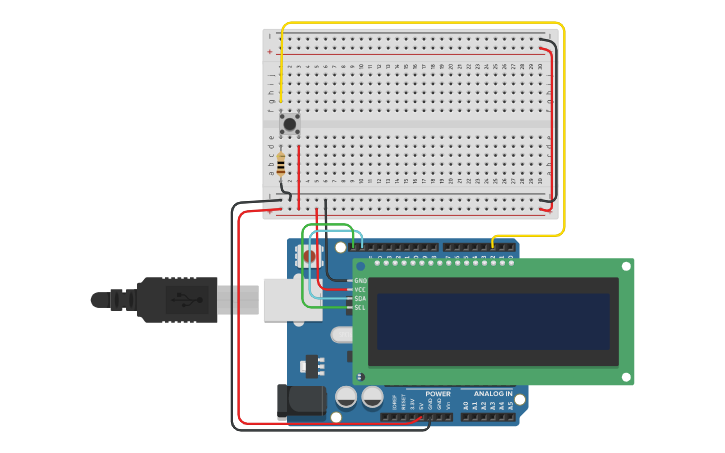 Circuit design LCD-Push button(I2C) - Tinkercad