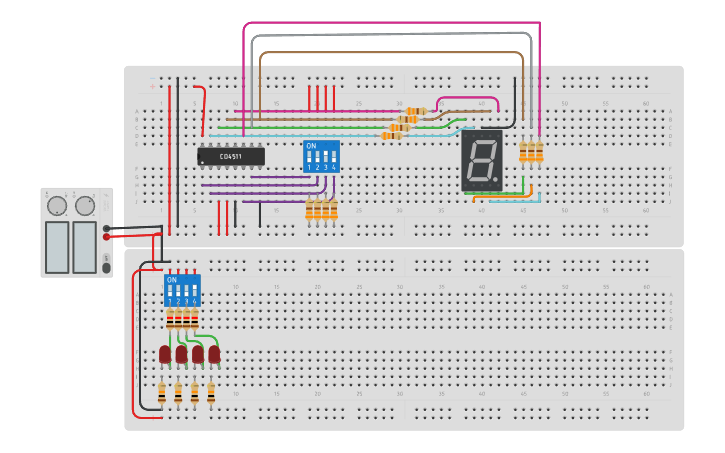 Circuit design 4 bit Adder and Subtractor with LED Binary & Segment Display - Tinkercad
