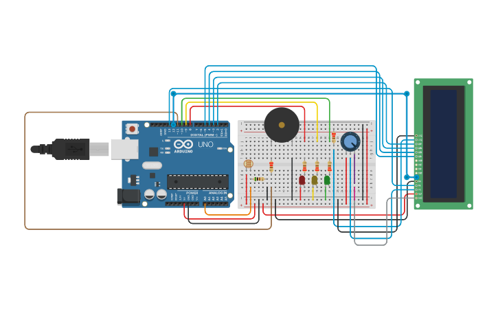 Circuit design Rangkaian LDR + Buzzer + LED + LCD - Tinkercad