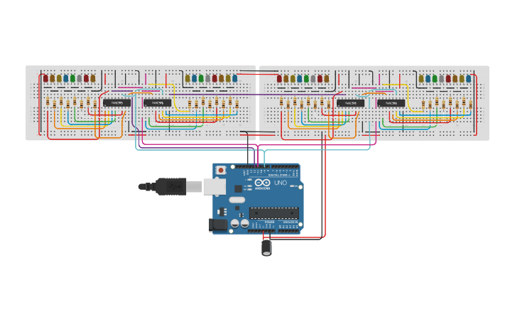 Circuit design 32-LED Sequence with Arduino and 74HC595 Shift Registers - Tinkercad