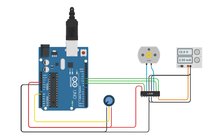 Circuit design [EX18] Arduino potentiometer control DC motor - Tinkercad