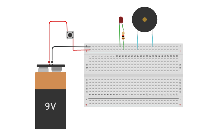 Circuit design PUSH BUTTON: LED ,BUZZER - Tinkercad