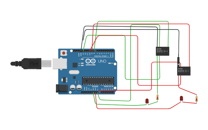 Circuit design Relay alternate led - Tinkercad