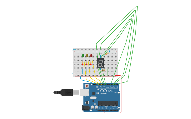 Circuit design Semáforo con contador de cuenta regresiva - Tinkercad