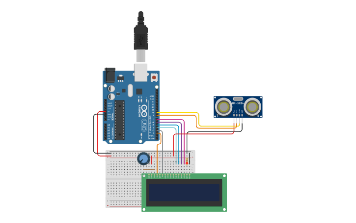 Circuit design Simple Ultrasonic Distance with LCD Display - Tinkercad