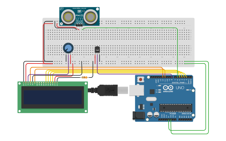 Circuit design Distance sensor, Humidity and temperature - Tinkercad