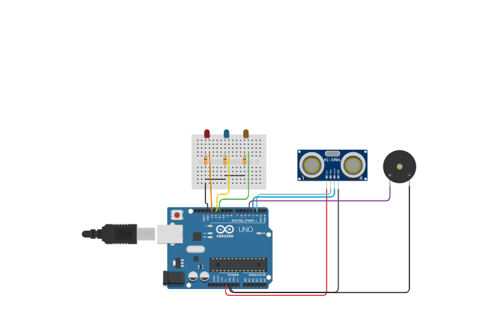 Circuit design ultrasonic sensor with LED - Tinkercad