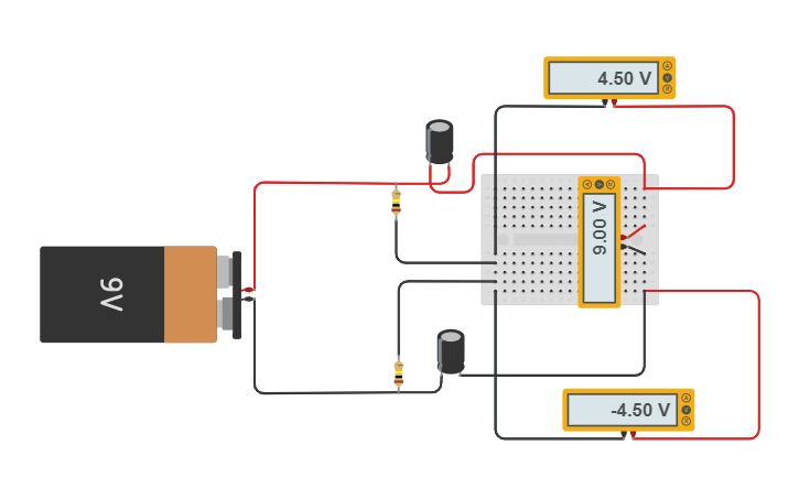 Circuit design Battery split +9V -9V GND - Tinkercad