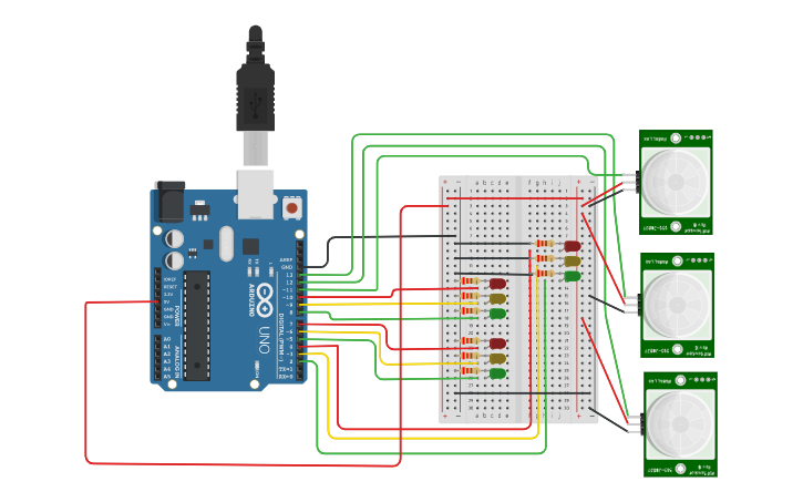 Circuit design Traffic light controller with pir sensor - Tinkercad