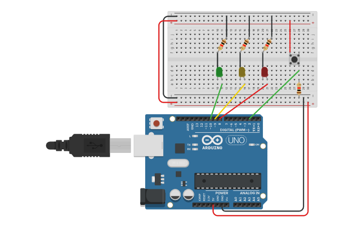 Circuit design Semáforo con botón con Arduino UNO R3 - Tinkercad