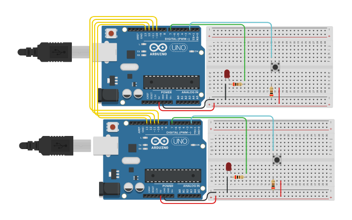 Circuit design SPI communication between the two Arduino boards. - Tinkercad