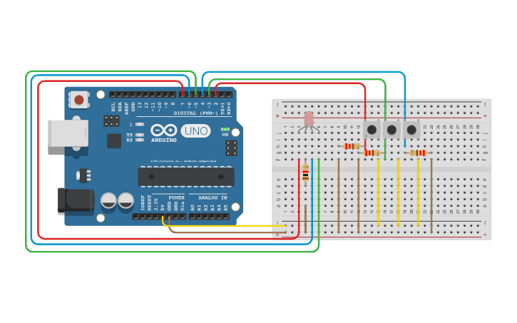 Circuit design Multi Coloured LED button - Tinkercad