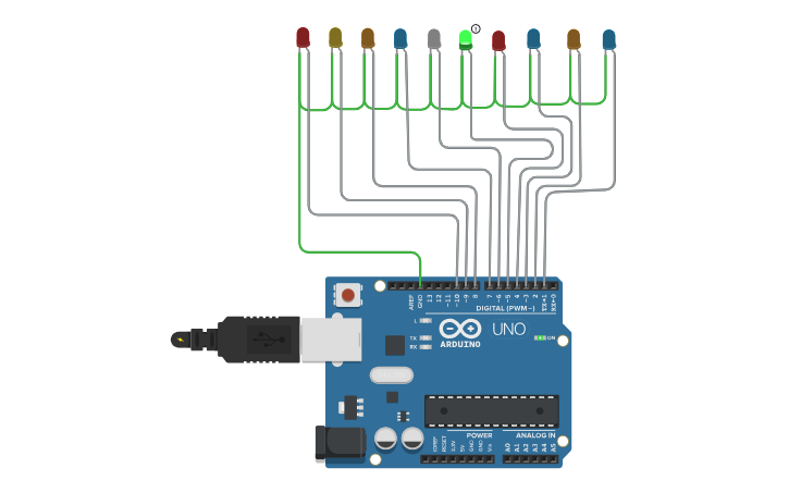 Circuit design 10 channel LED chaser - Tinkercad