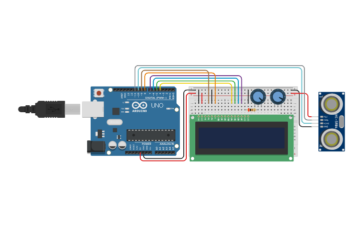 Circuit design LCD HC-SR04 Ultrasonic Sensor - Tinkercad
