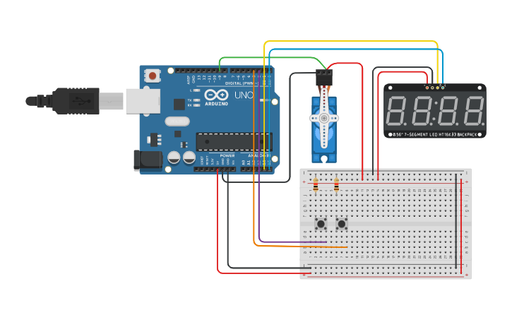 Circuit design servo i 7segment LED display - Tinkercad