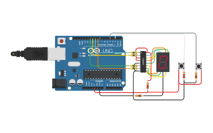 Circuit design display a 7 segmenti cd4511 e pulsanti - Tinkercad